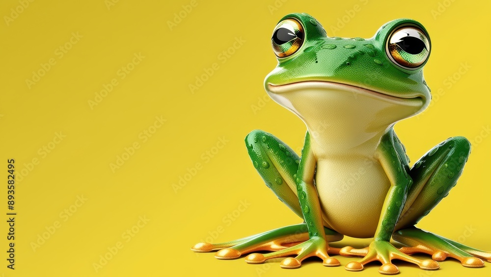 Curious Frog on Yellow Background: A 3D-rendered frog with big eyes and ...