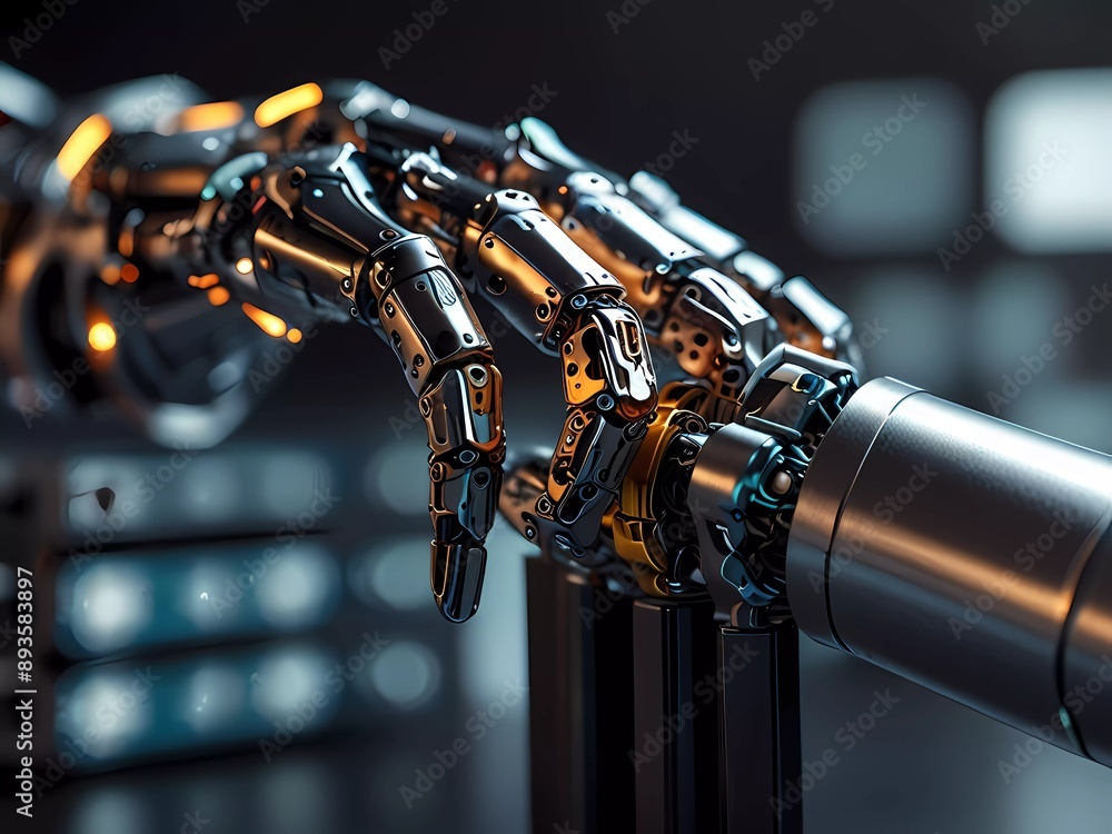 The human finger delicately touches the finger of a robot's metallic ...