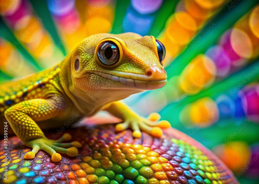 Vibrant yellow gecko perches on a kaleidoscope of colors, its striking ...