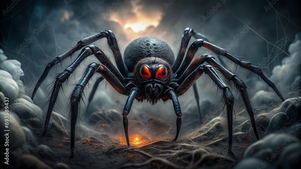 Ominous black spider with piercing red eyes dominates the frame, set ...