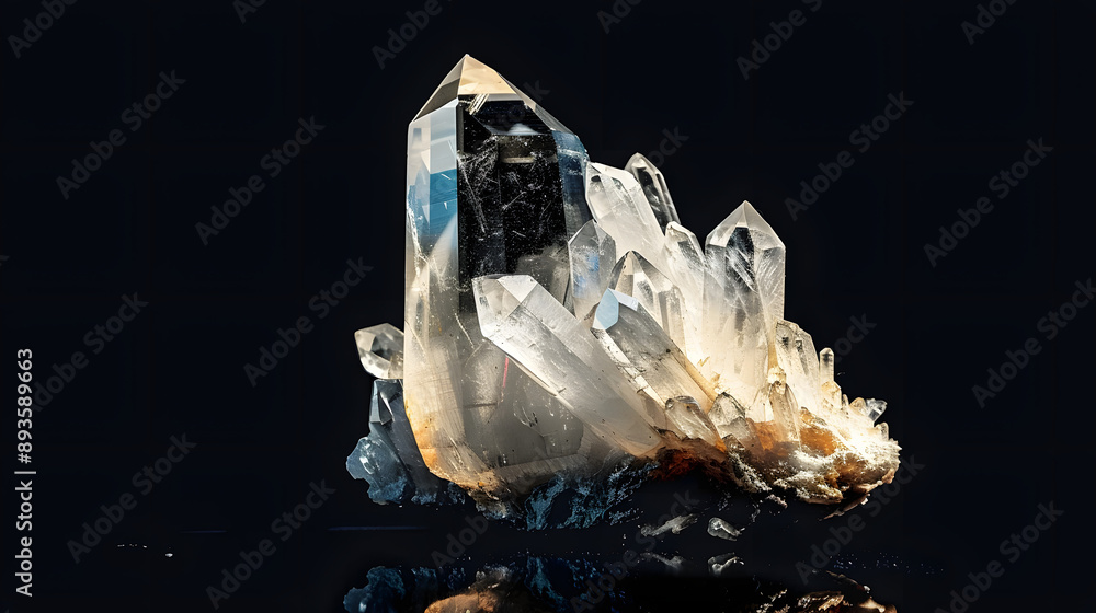 Quartz crystal formation with reflection on black support and ...
