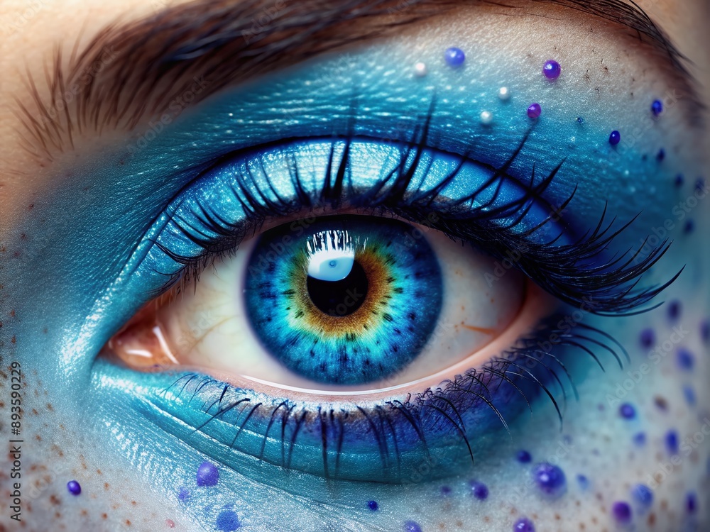 Vibrant blue iris with darker blue rim, surrounded by freckles and ...