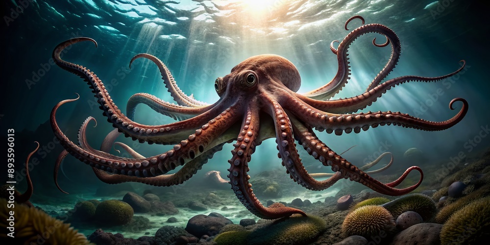 A majestic giant octopus sprawls across the dark ocean floor, its ...