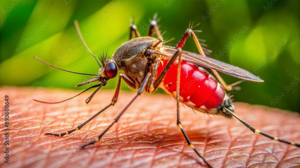 Close-up of a red, swollen mosquito bite on skin with a tiny mosquito ...