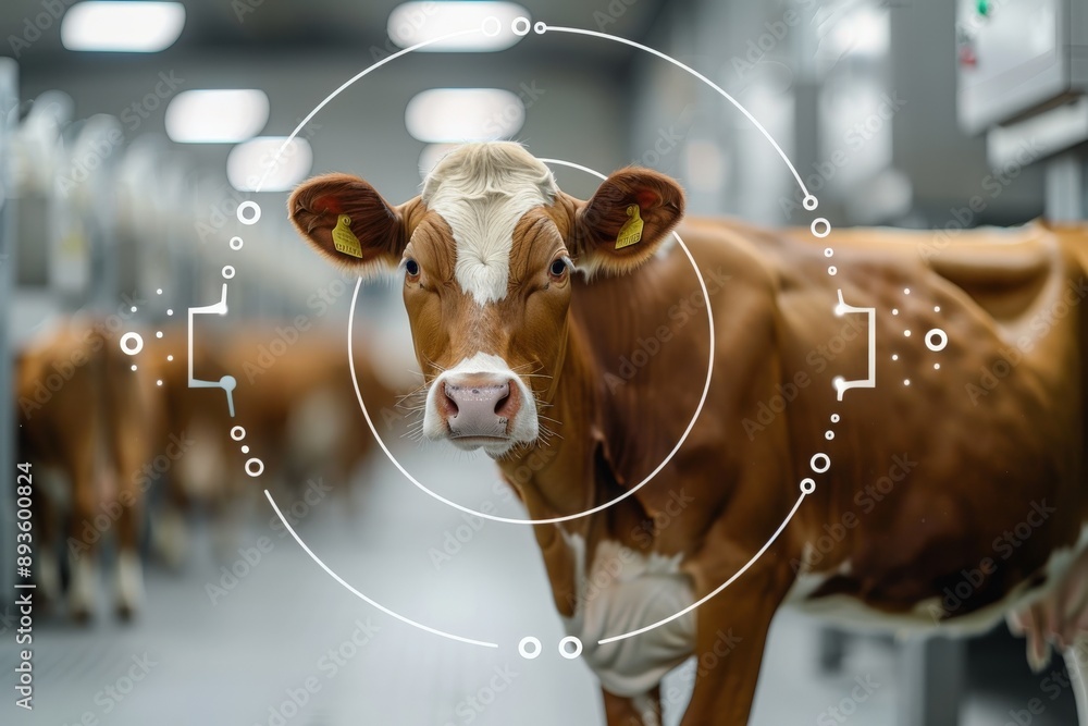 This image captures a cow in a modern dairy farm setting, enhanced with ...