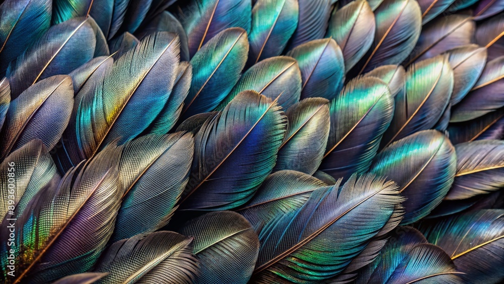 Intricate, iridescent black and grey bird feathers form a mesmerizing ...