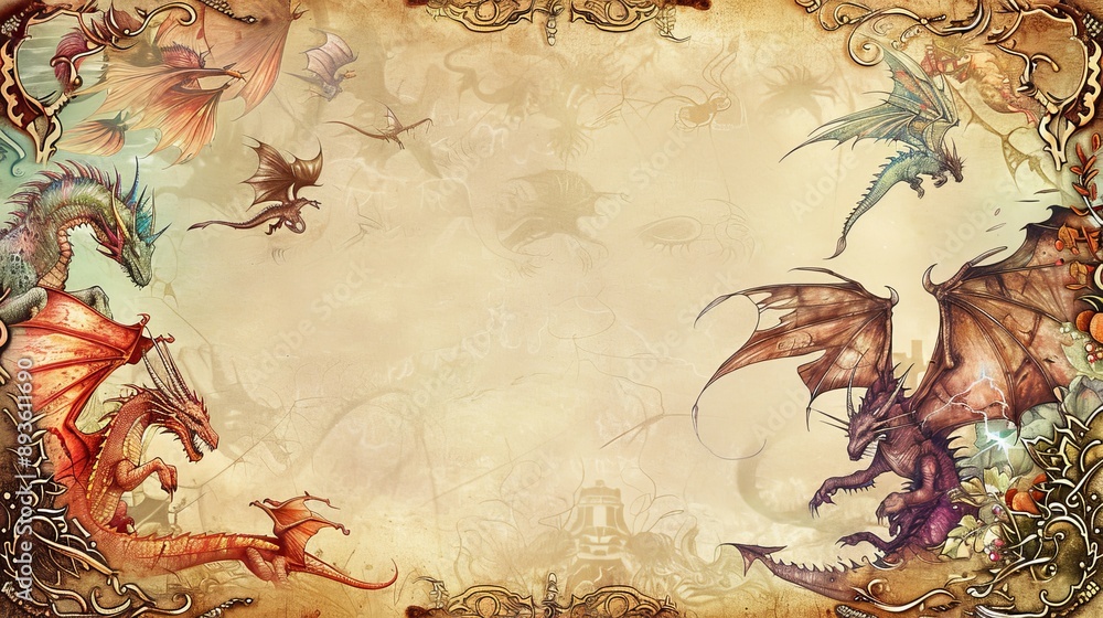 Different fantasy-themed borders featuring dragons, unicorns, and fairy ...