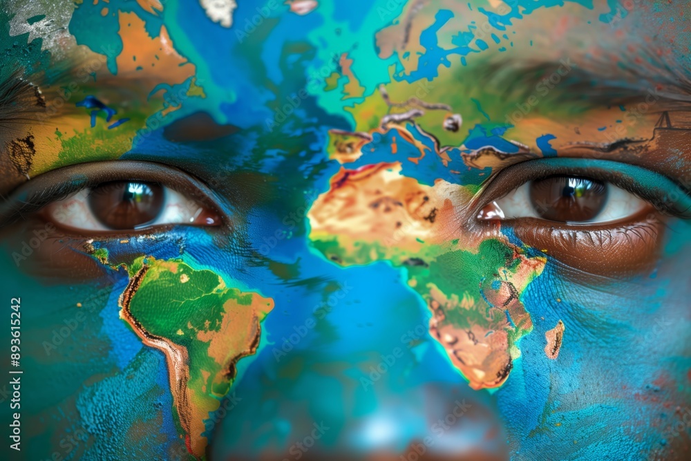 This striking image portrays a face with a detailed, colorful world map ...