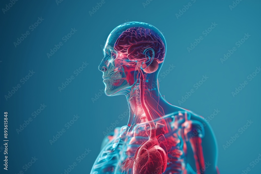 A 3D model of a transparent human body highlighting the brain and heart ...
