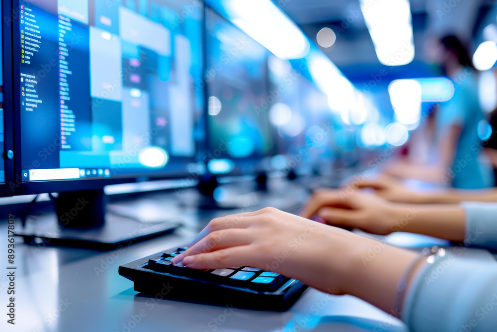 Hands typing on keyboard in front of computer screens with code ...