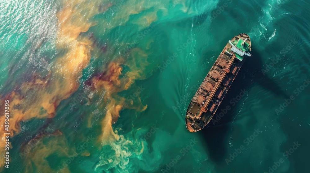 Ocean pollution caused by an oil spill from a cargo ship, illustrating ...