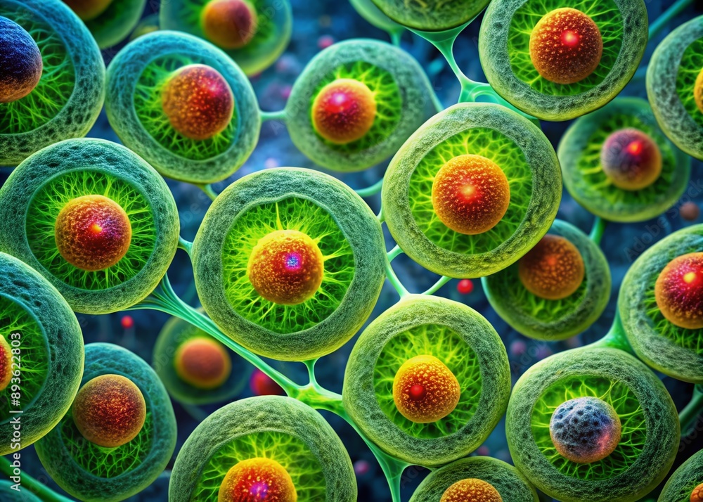 Vibrant microscopic image showcasing plant cell division, highlighting ...