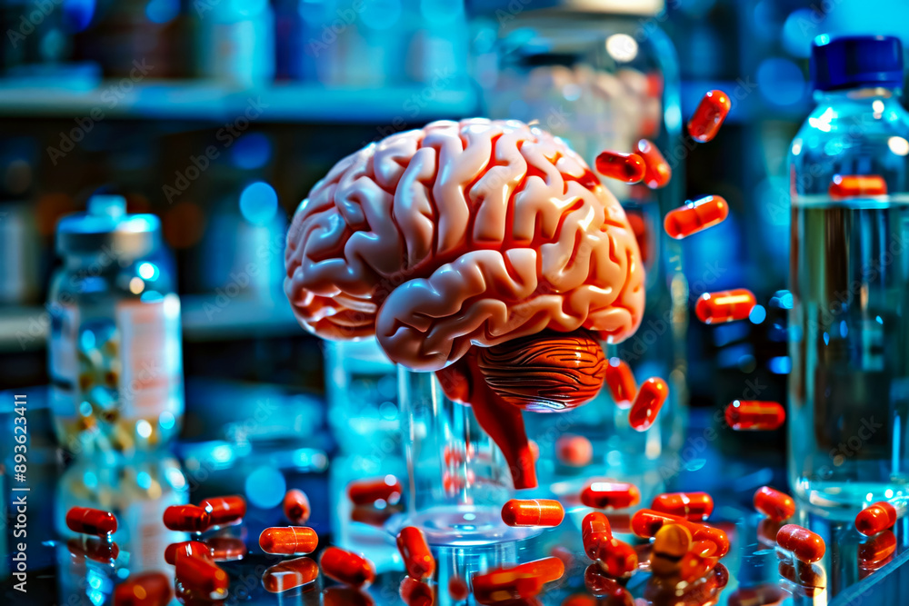 Human brain surrounded by pills, demonstrating significant effects of ...