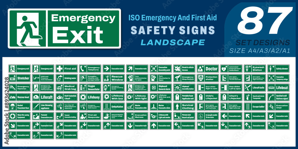 87 set ISO emergency and first aid safety signs v01 landscape size 1/2 ...