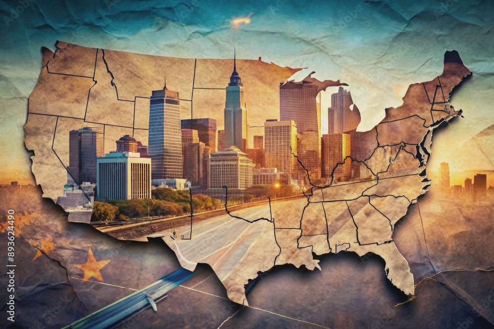 Vibrant city skyscrapers backdrop a large, worn paper map of the United ...