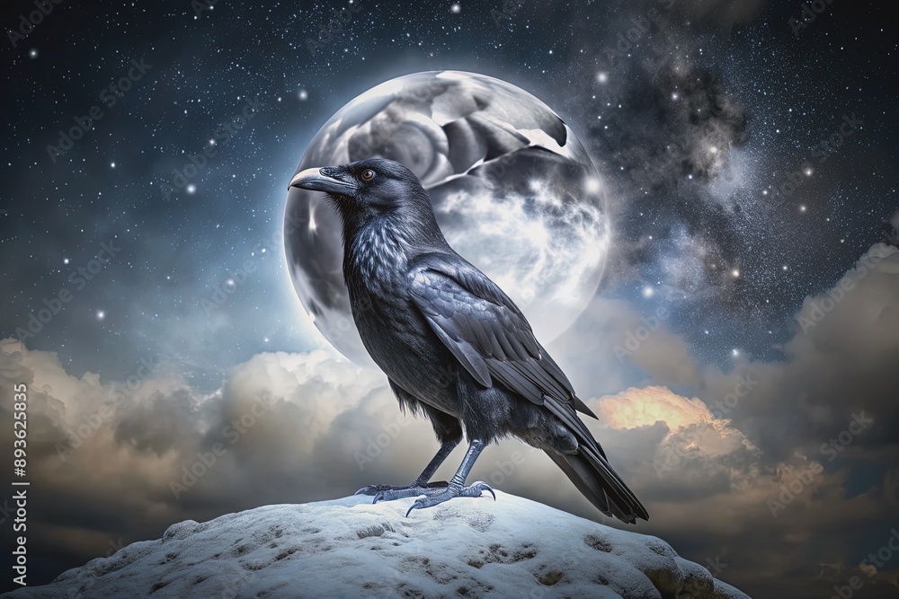 A majestic raven perches on the lunar surface, its black feathers ...