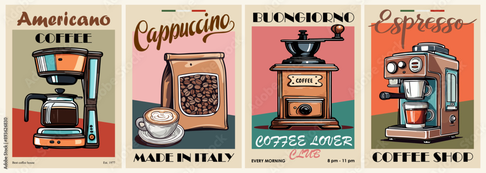 Set of Retro posters with Coffee grinder, Americano, Espresso Coffee ...