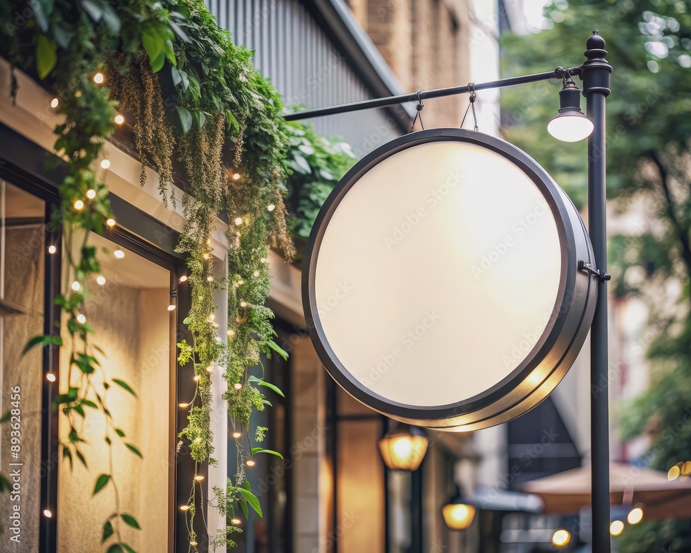 Blank minimal circular shop signboard mockup for design. Street hanging ...