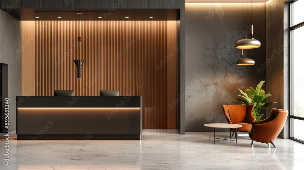 Welcoming luxury hotel lobby interior with a stylish reception desk and ...