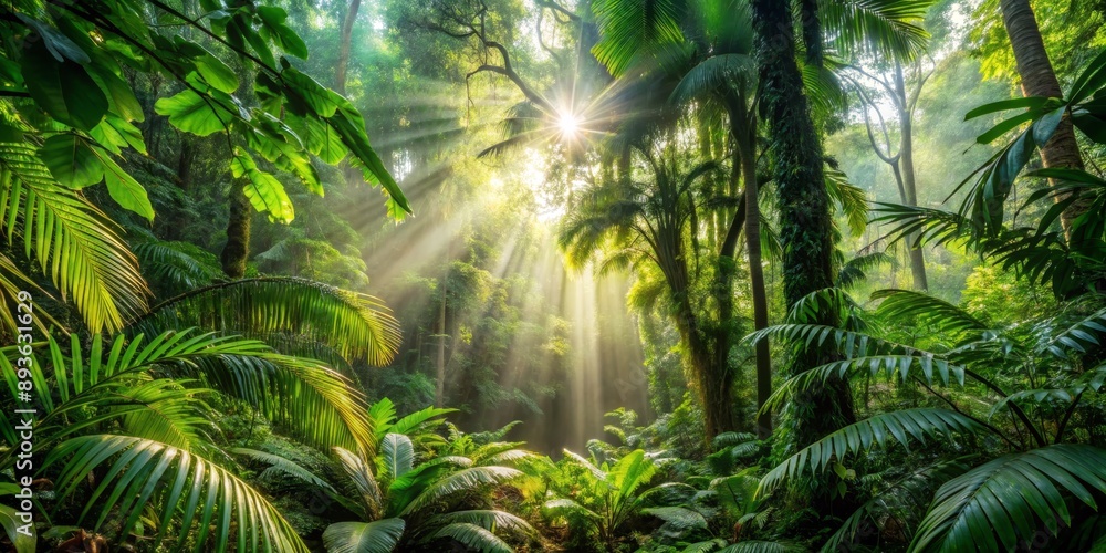 Sunlight Rays Through Dense Jungle Canopy, Lush Tropical Rainforest ...