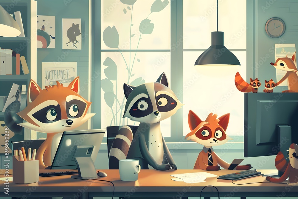 A playful image of cartoon-style animals working in an office setting ...