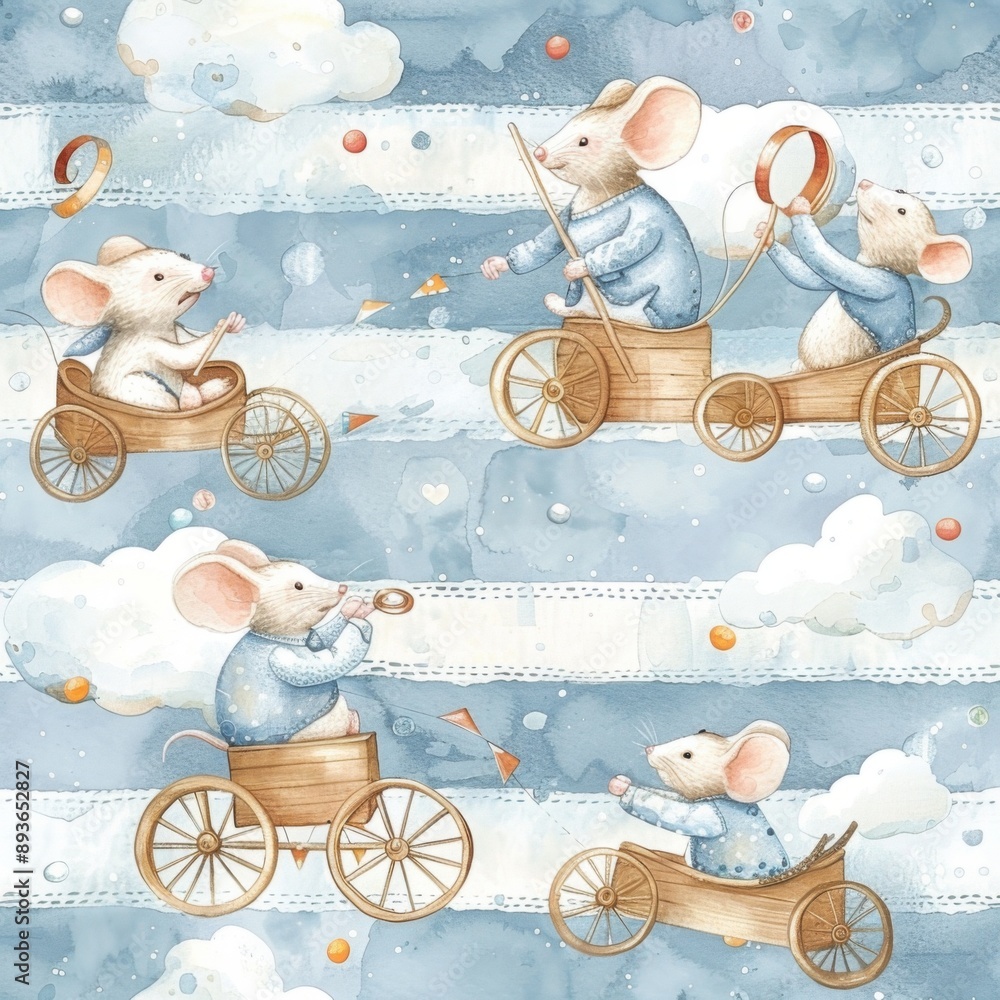 Cute Mice Riding in Toy Carts on a Blue and White Striped Background ...