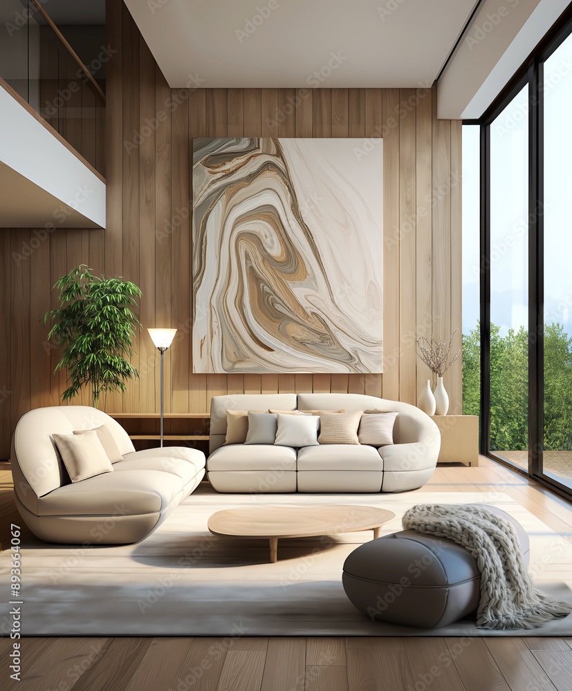 Abstract artwork in a large neutral space in a modern living space with ...