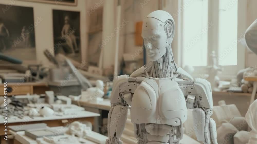 A life-sized female android stands in an artisan workshop filled with ...
