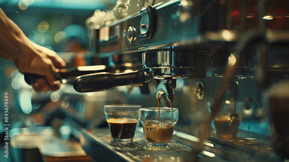 persona barista preparando cafe en una maquina cafetera profesional ...