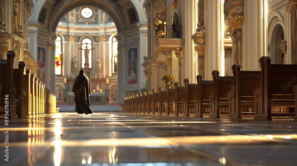 una parroquia o catedral grande catolica con un fraile o sacerdote ...