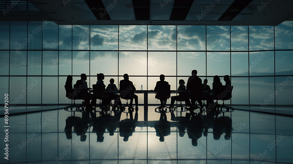 junta de negocios en la oficina moderna y minimalista con un ventanal ...