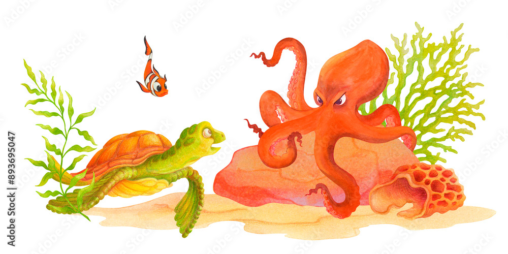 Cartoon underwater life scene. Young sea turtle swimming in a coral ...