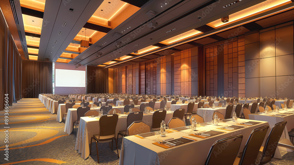 Modern conference room or banquet hall set up for an event with rows of ...