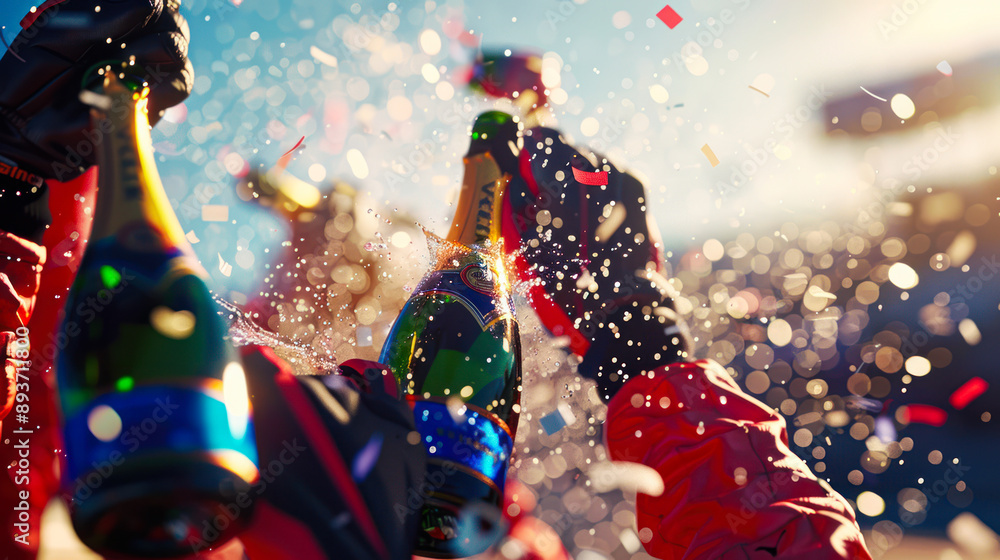 F1 winner in red uniform celebrating the victory on the podium, holding ...