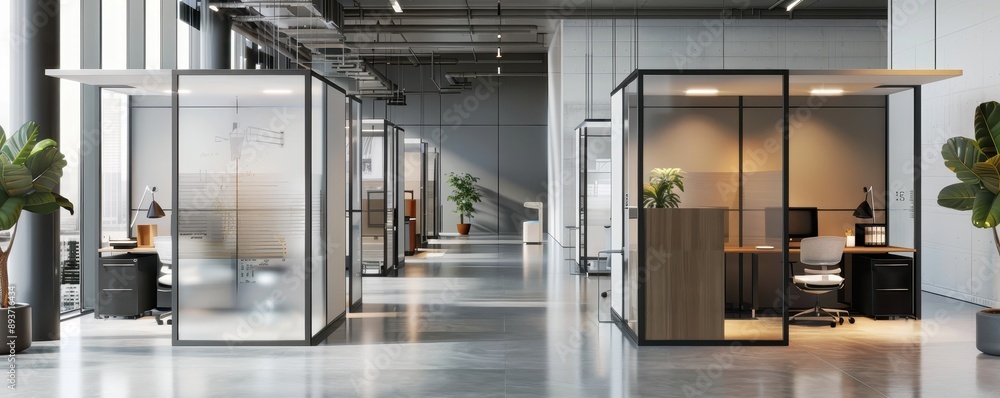 Modern open office space with glass partitions, ergonomic chairs, desks ...
