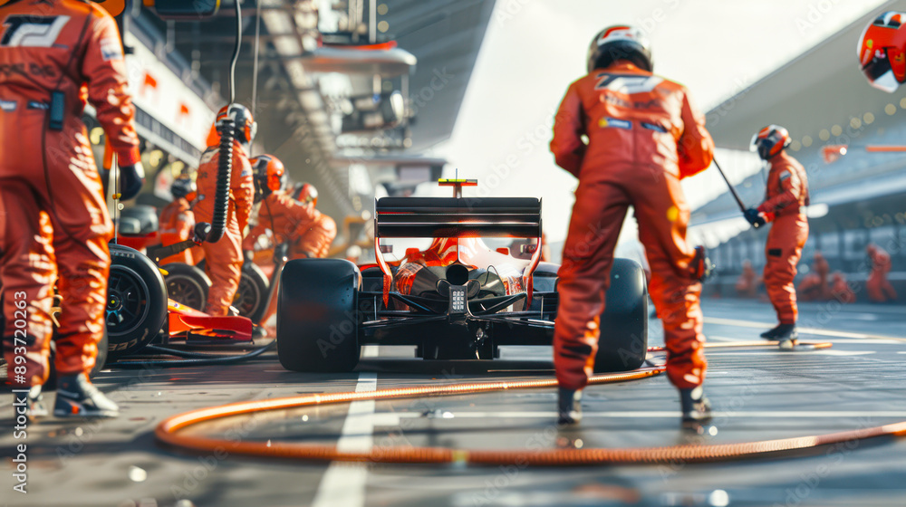 Professional pit crew in orange uniform ready for action as their team's race car arrives in the ...