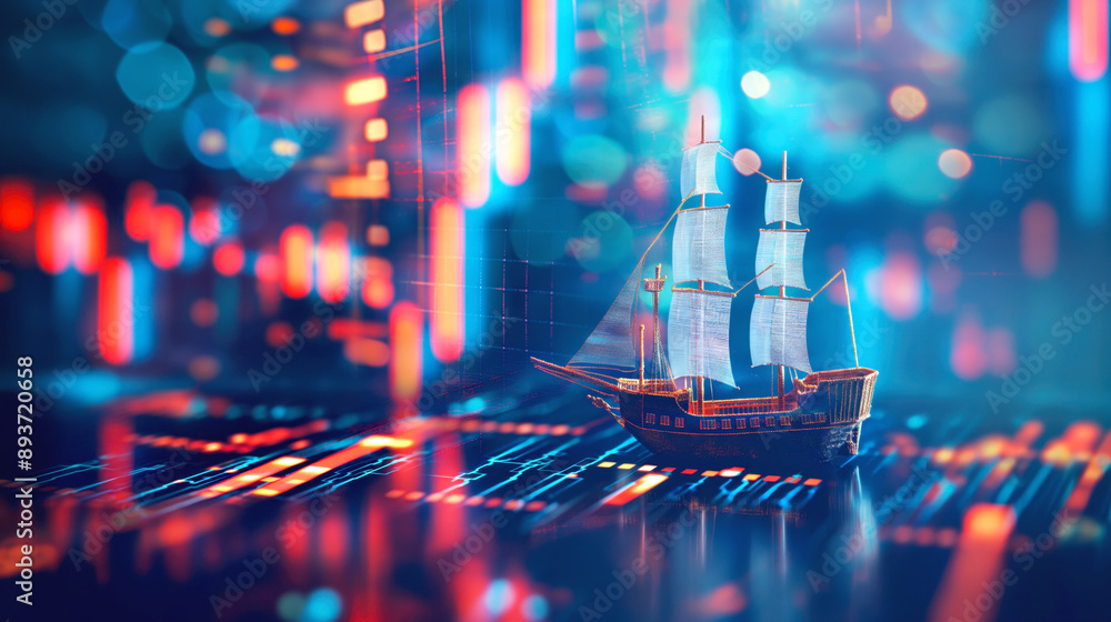 Sailing ship model with illuminated digital graphs in the background ...