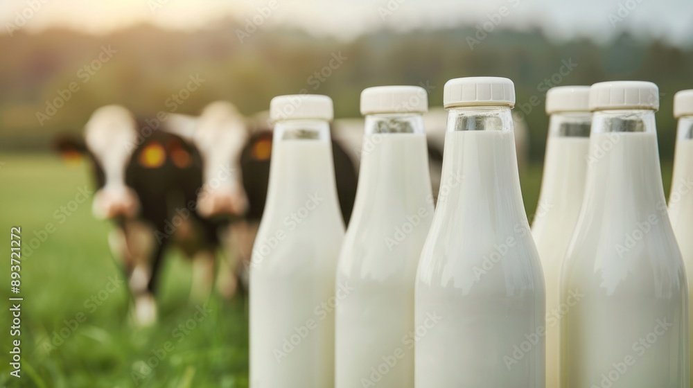 Fresh milk bottles in front of grazing cows on a farm with a natural ...