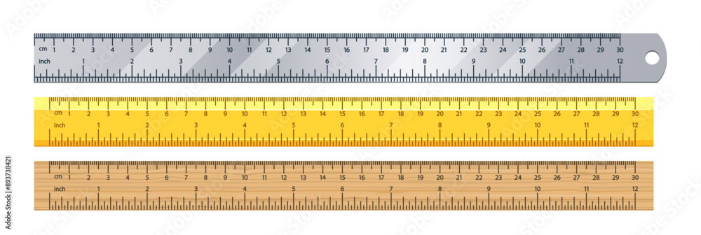 Vetor de Three Vector Measuring Rulers Made From Metal, Plastic, Wood ...