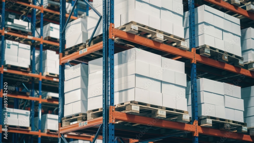 A stack of white boxes in warehouse on a blue and orange rack. The ...