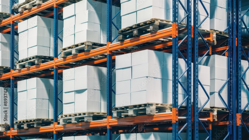 A stack of white boxes in warehouse on a blue and orange rack. The ...