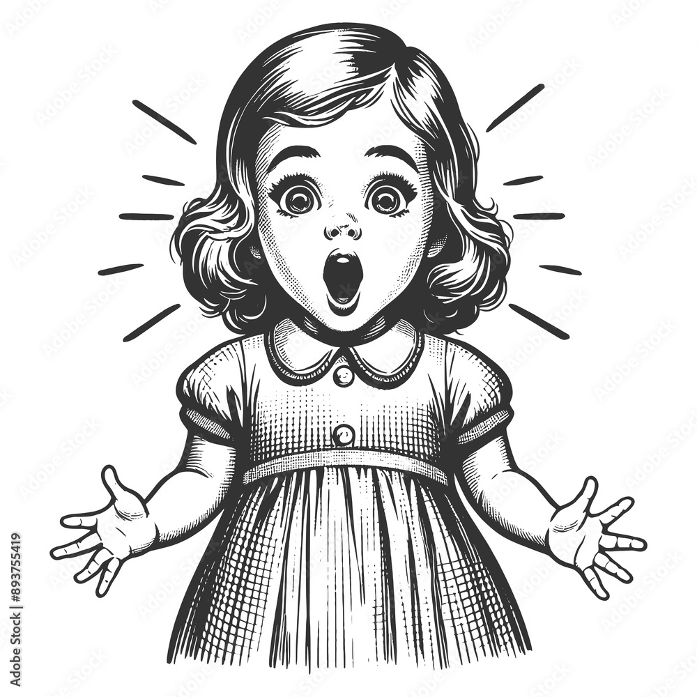 Surprised excited little girl in a dress, joyful and surprised ...