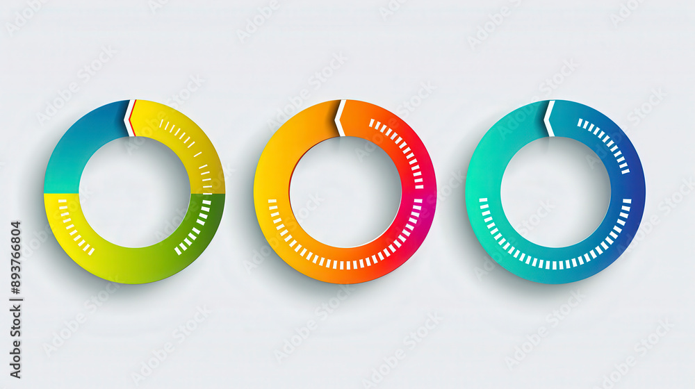 Three colorful circular progress charts, each segmented into different ...