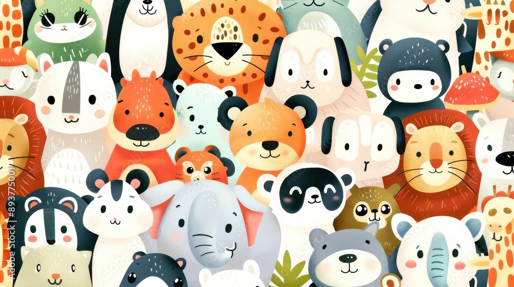 A cheerful group of cartoon animals, including a lion, a tiger, a ...