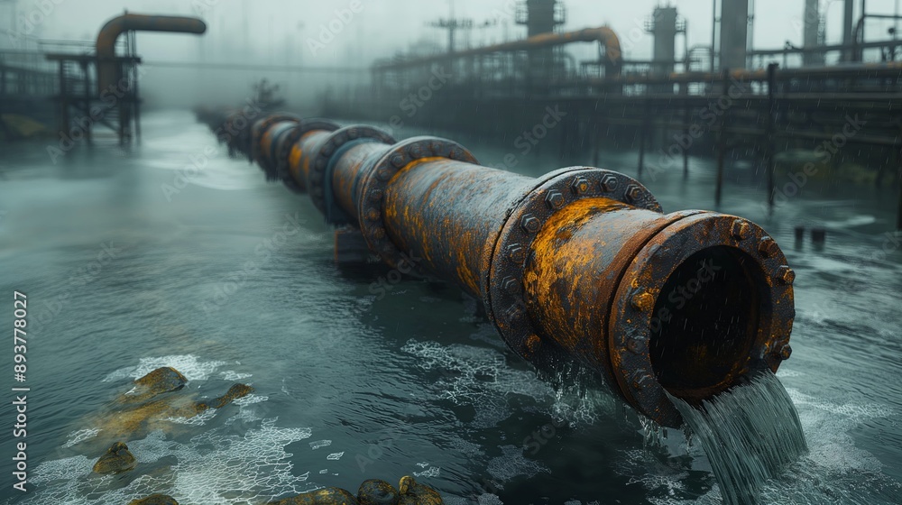 A large, rusty pipe discharging contaminated water into a body of water ...