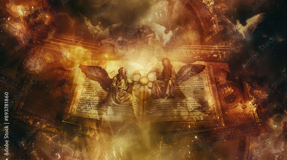 A visual summary scene with key elements from the Book of Enoch: angels ...