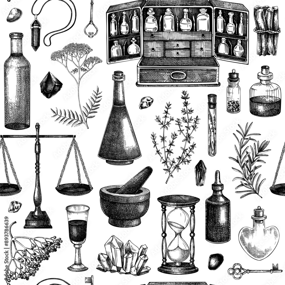 Antique apothecary background. Hand-drawn vector illustrations. Alchemy ...