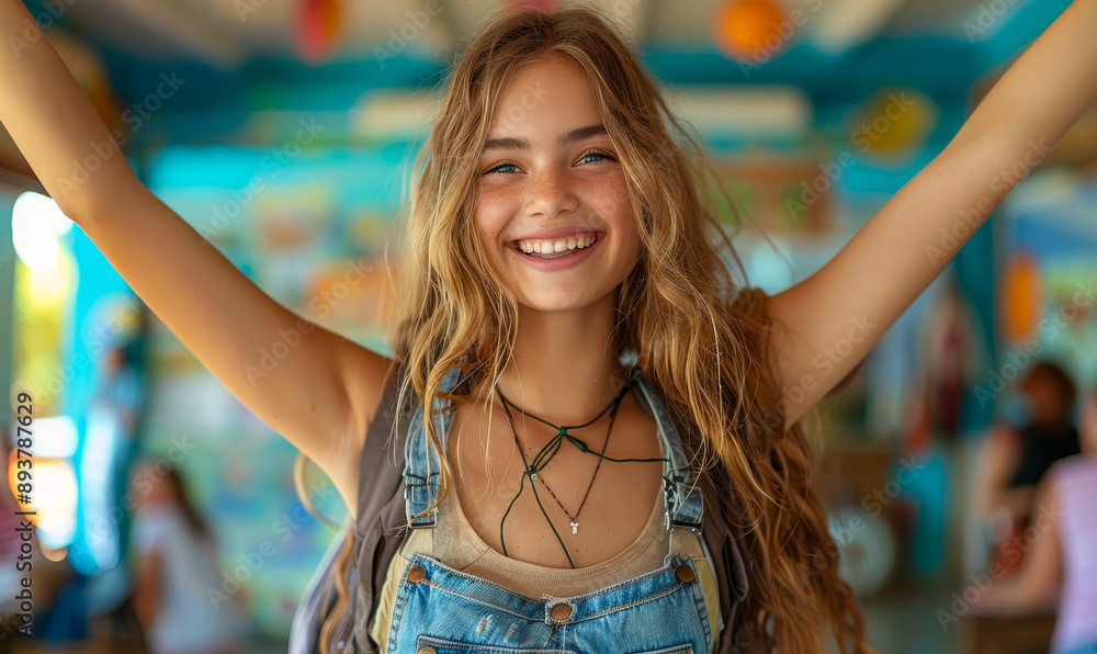 Happy Girl Throwing Backpack in Classroom Celebrating End of School Day ...