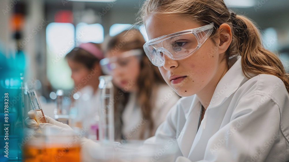 School Science Lab: Group of students wearing lab coats and safety ...