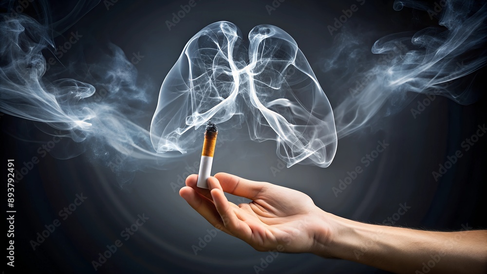 Smoker hand holding a smoking cigarette next to lungs full of smoke ...